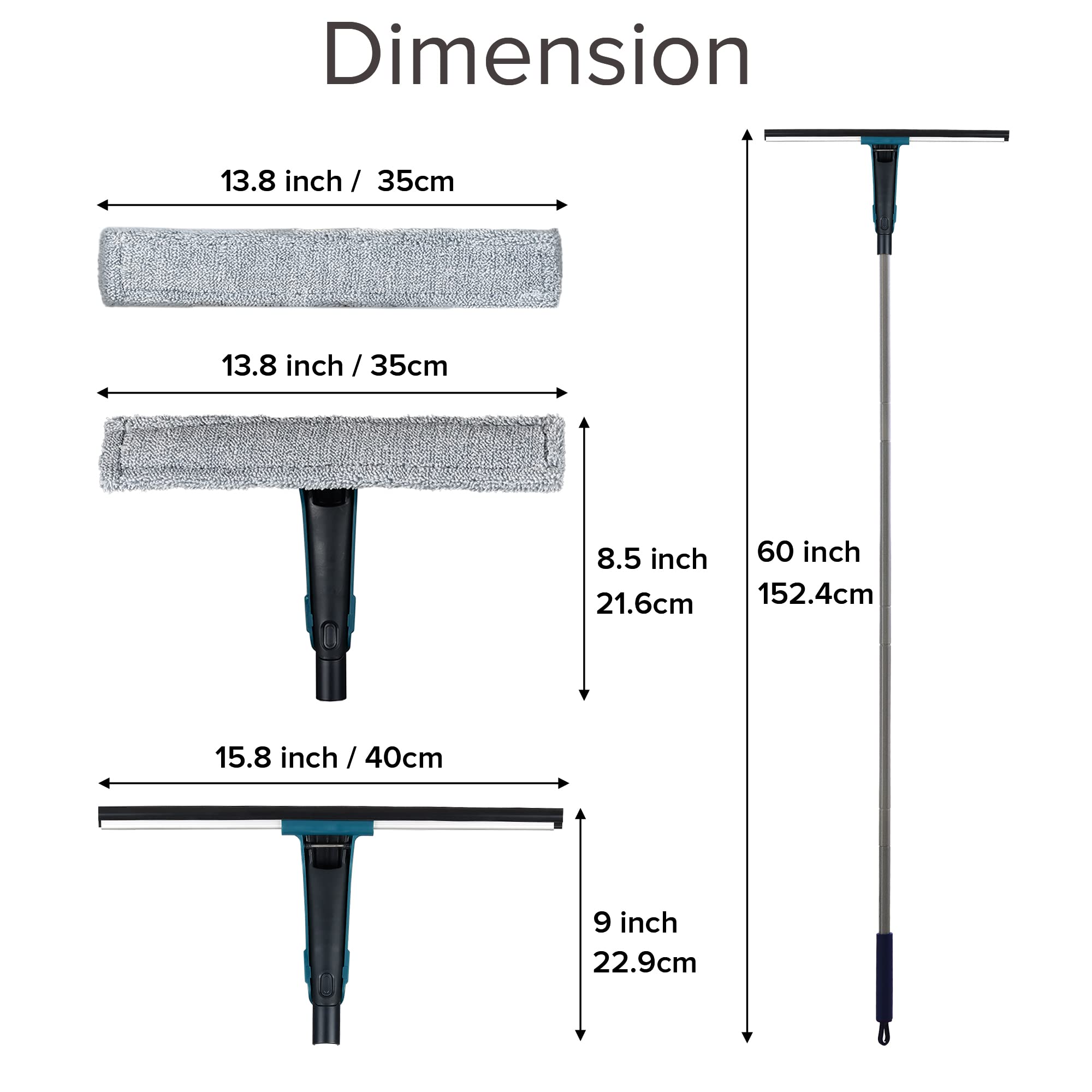 JEHONN Window Shower Squeegee for Glass Door with 60 Inches Long Handle, Professional Floor Squeegee Mop for Cleaning Garage Tile Concrete Mirror Car Windshield Bathroom Home
