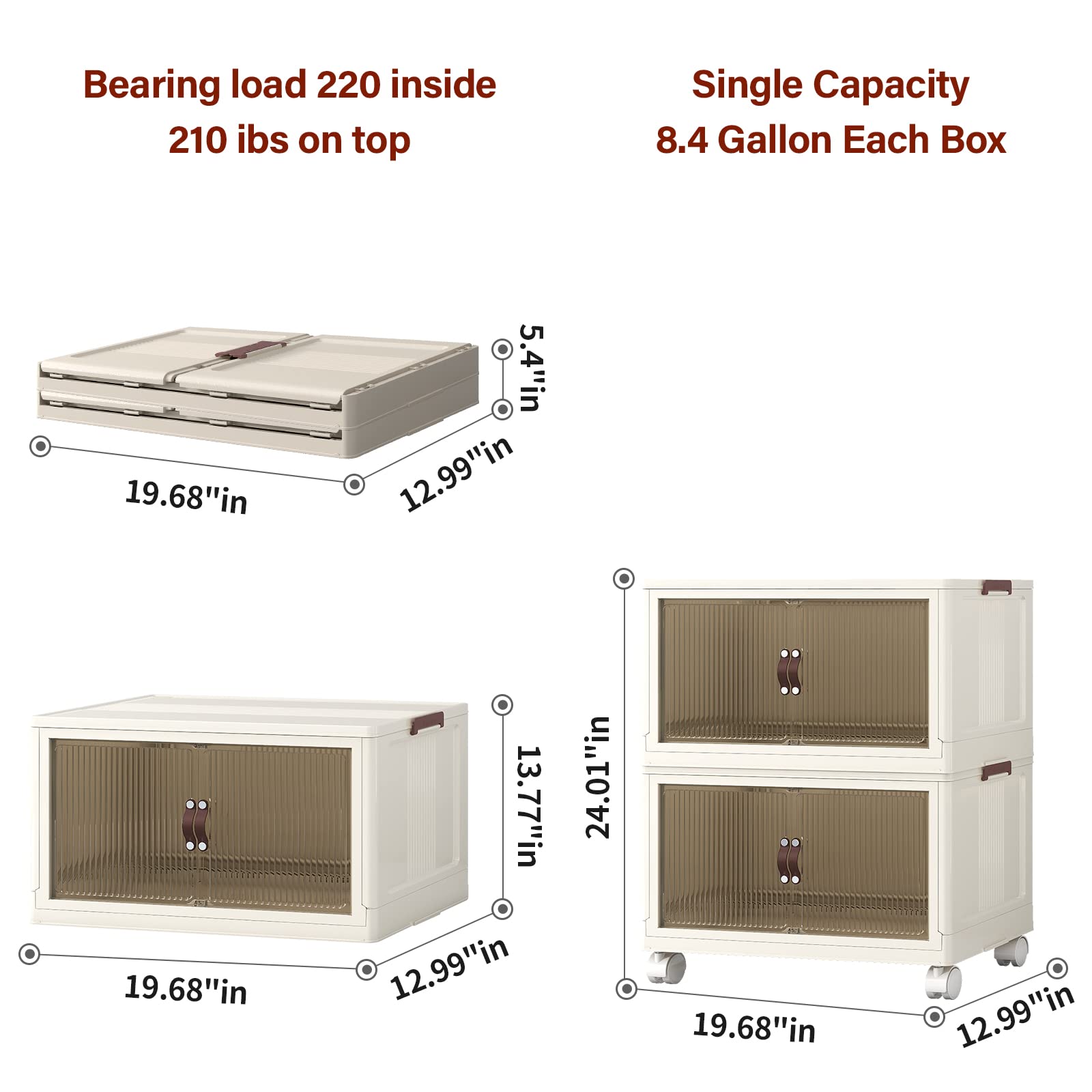 KHNR Stackable Storage Bins Open Front,5 Packs White Closet Organizers and Storage,Collapsible Storage Bins with Lids and Wheels