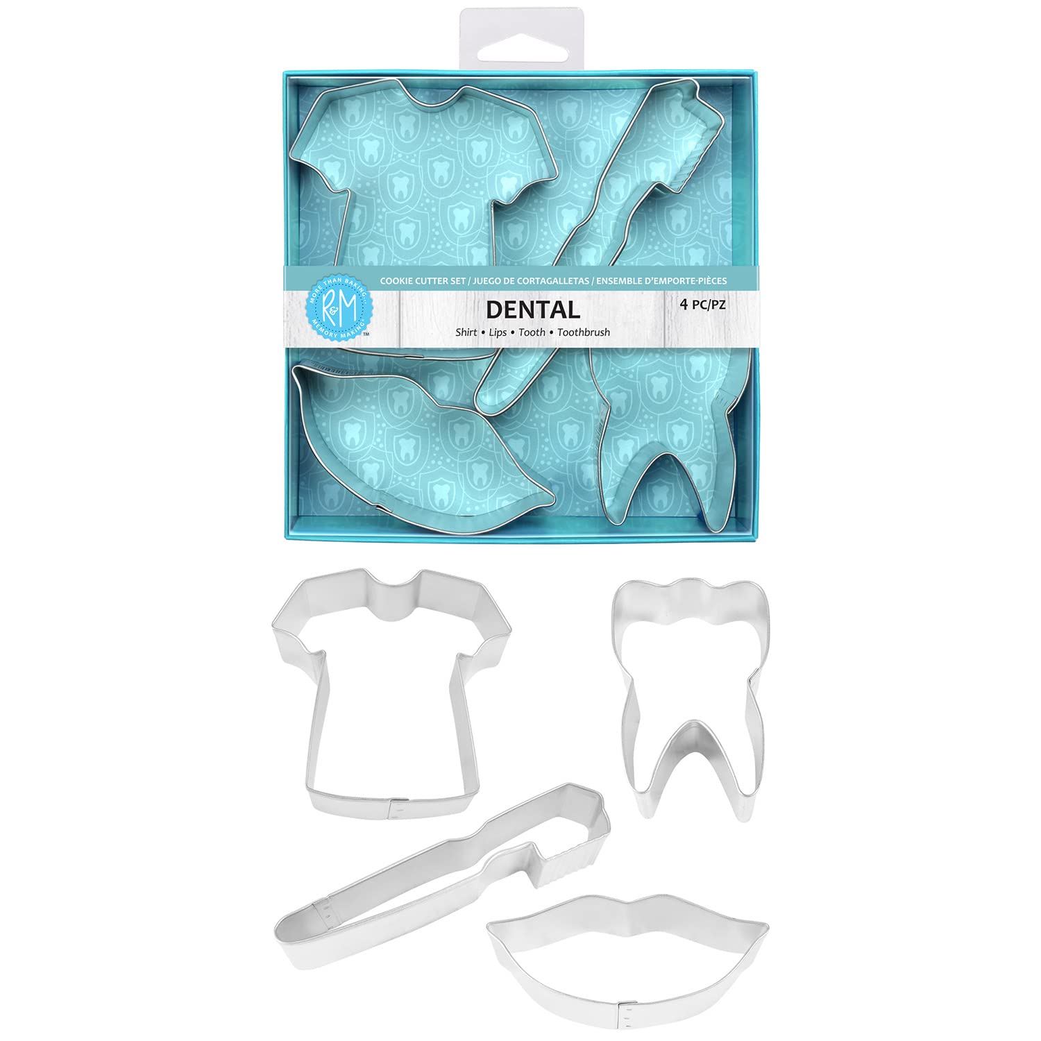 R&M International Dental Cookie Cutters, Scrub Shirt, Lips, Tooth, Toothbrush, 4-Piece Set