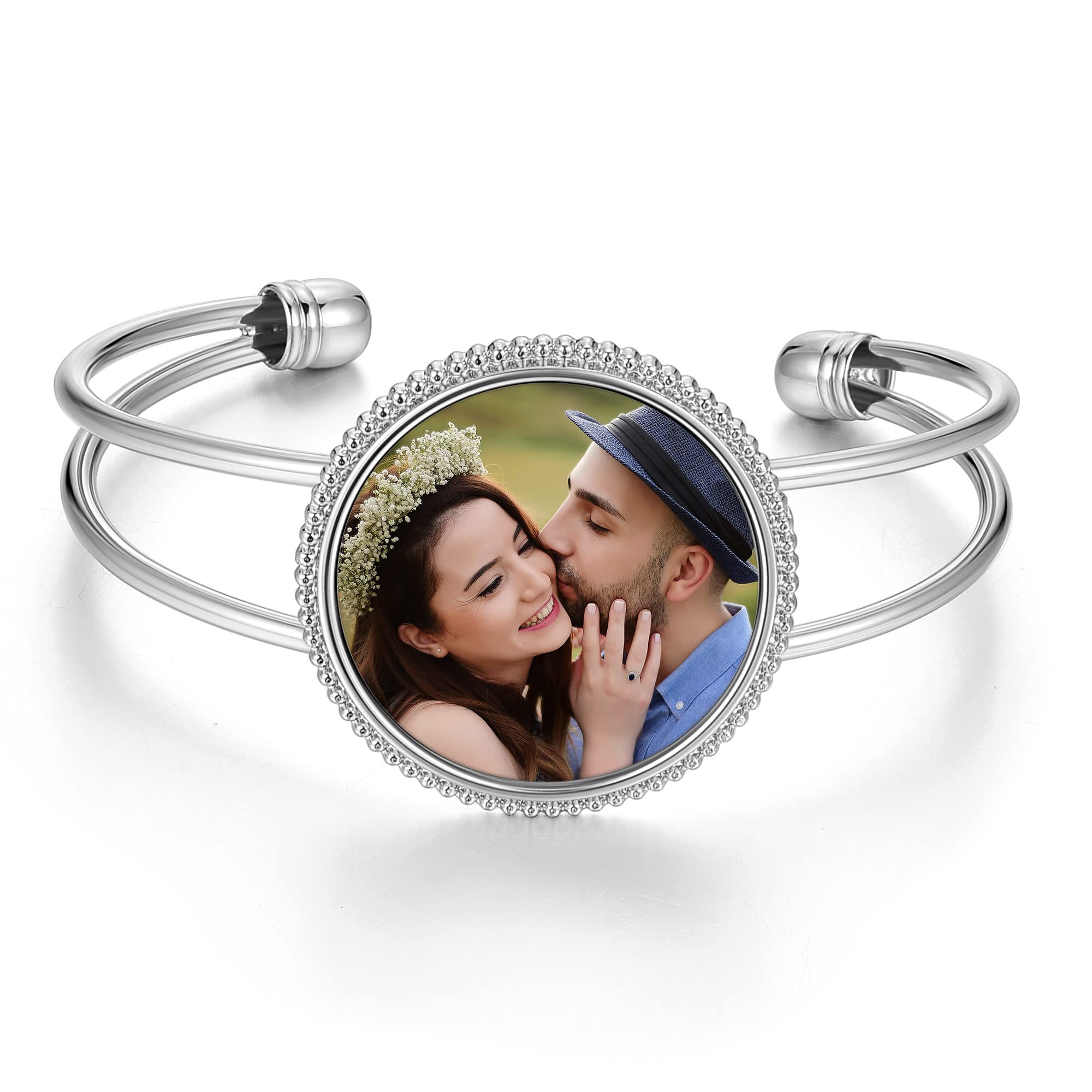 Personalized Master Custom Photo Cuff Bracelet for Women Adjustable Personalized Picture Bangle Bracelets for Girls Birthday Valentine's Day Gifts Silver