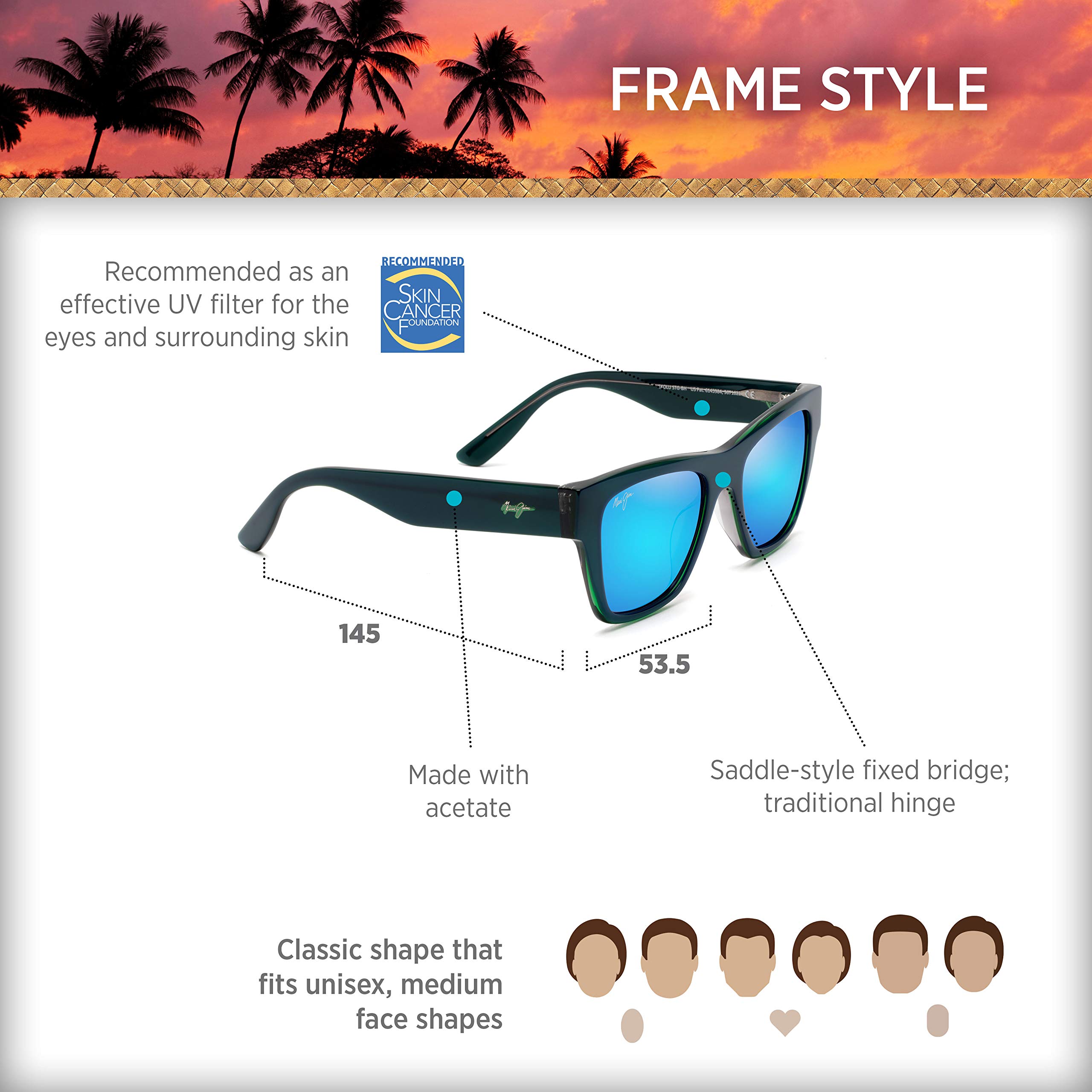 Maui Jim Men's and Women's Ekolu Polarized Classic Sunglasses, Blue/Green/Grey/Blue Hawaii, Medium