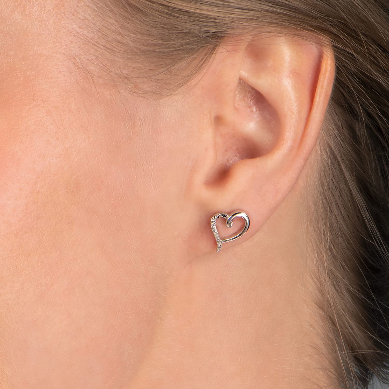 Jewelili Heart Diamond Stud Earrings in 10K White Gold, Minimalistic Dainty Earrings