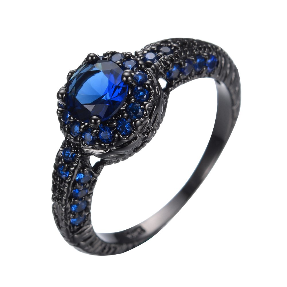 JunXin Delicate 6MM Round Shape Blue Sapphire Black Gold Halo Rings Wedding Size6/7/8/9/10(7)
