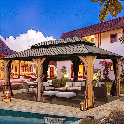 UBGO 12"x20"Hardtop Gazebo,Outdoor Permanent Gazebo with Galvanized Steel Double Roof,Cedar Wood Frame Canopy,Metal Pavilion with Curtains and Netting for Patio, Backyard and Lawn(Brown)