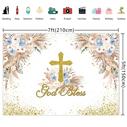 Wollmix 1st First Communion Baptism Decorations Backdrop 7x5ft God Bless Holy Communion Banner Christening Gold Dots Boho Florals Photography Background Baby Shower Banner Photo Booth Props