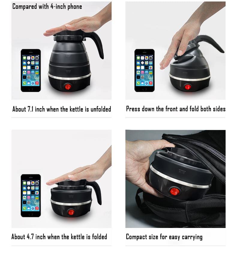 VANZO Foldable Electric Travel Kettle - Portable and Convenient Silicone Collapsible Water Boiler and Tea Pot for Camping - Easy Storage with Detachable Power Cord (Black) , (WHH-649)