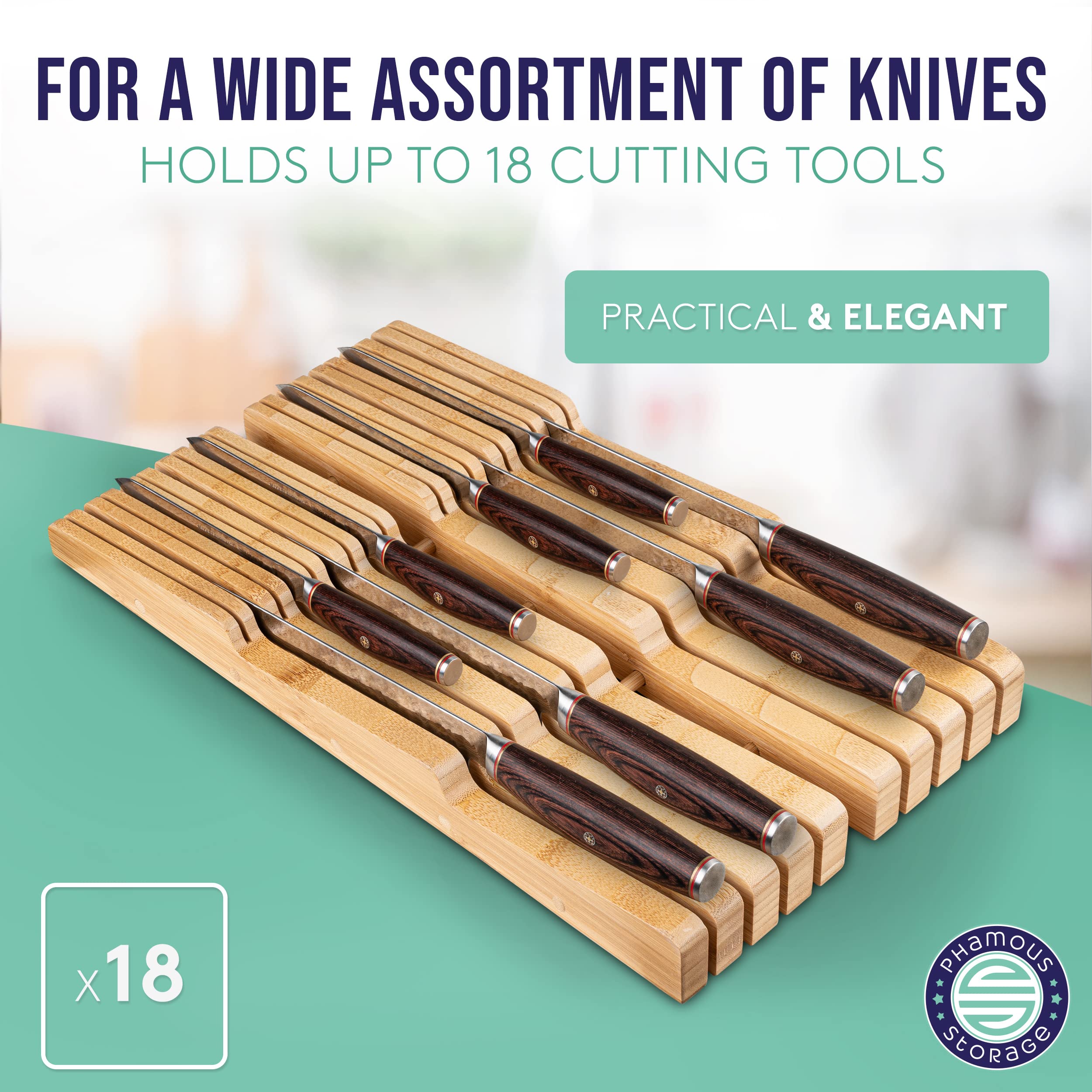 PHAMOUS STORAGE Knife Drawer Organizer - Kitchen Organizer - Knife Block Without Knives - Knife Storage for 10 Knives & Sharpener - High Holding Capacity