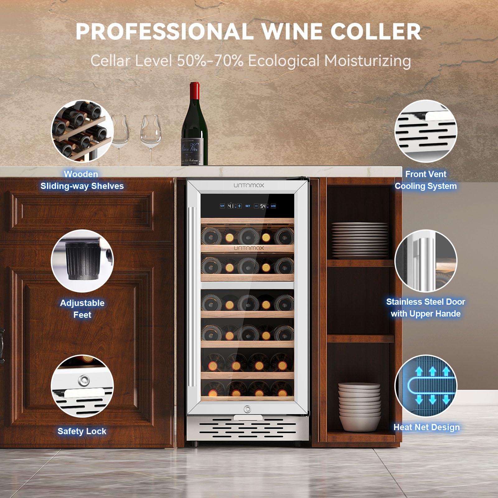 UNTOMAX 33 Bottles Wine Fridge Dual Zone Wine Cooler Refrigerator, 41-68β Freestanding Wine Cellar Built In for Red/White/Champagne, Temperature Memory Quiet Compressor Kitchen/Office, Stainless Steel
