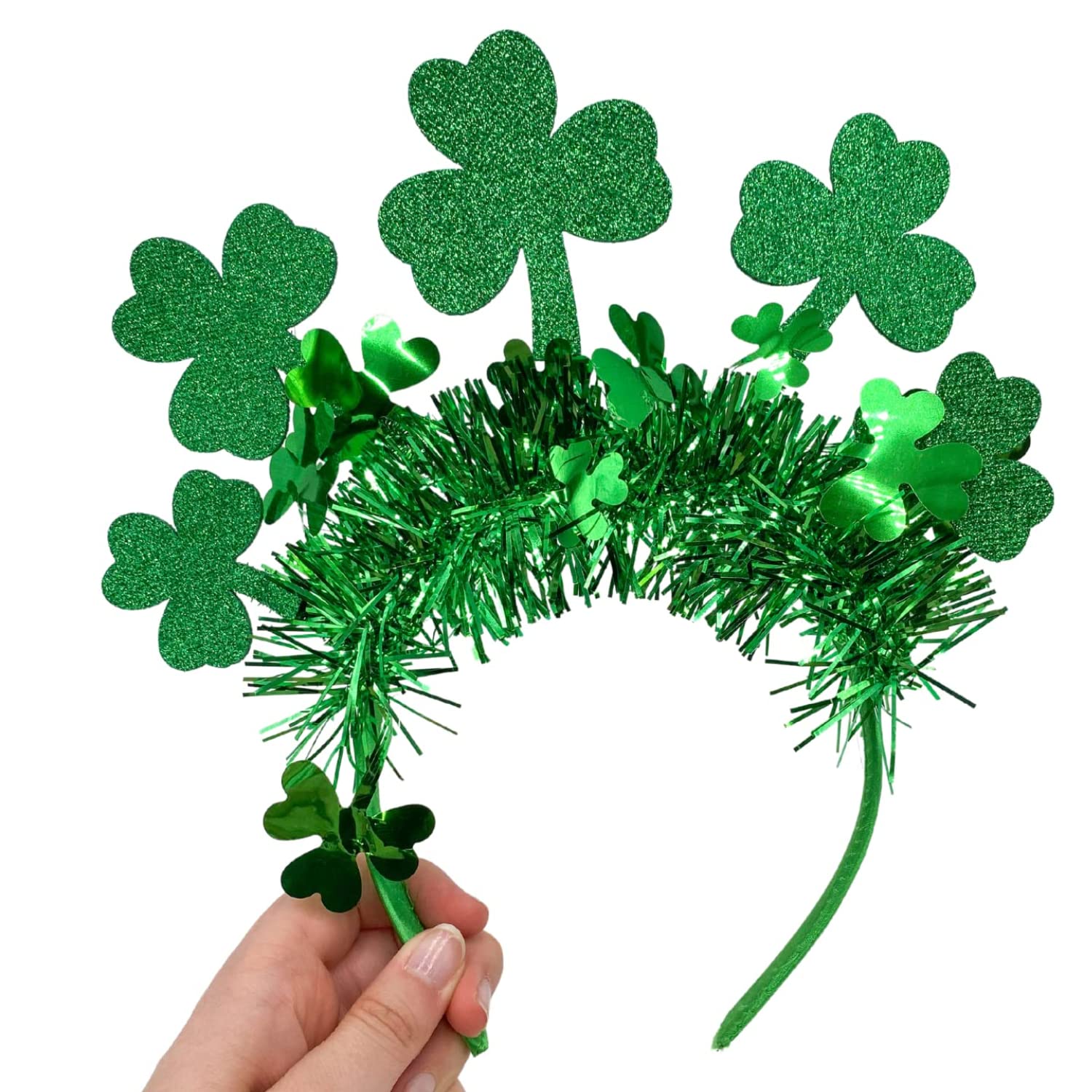 Needzo Saint Patrick's Day Headband Clover Leaf Bopper Green Glittery Hair Accessory, One Size Fits Most