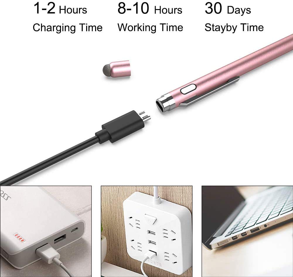 KECOW Stylus Digital Pen for Touch Screens, 1.45mm Fine Elastic Tip Rechargeable Pencil Compatible for iPad iPhone Samsung Phone &Tablets,iOS&Android for Drawing&Writing Capacitive Pen (Rose Gold)