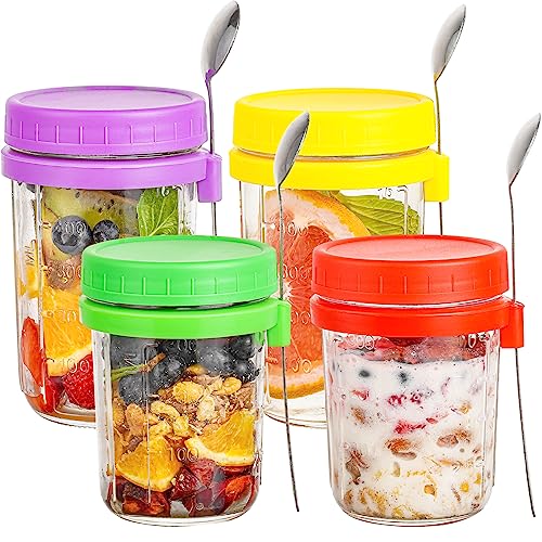 wookgreat Overnight Oats Jars, Overnight Oats Container with Leakproof Lid and Spoon Set of 4-2 pcs 16 Oz Glass Mason Jars & 2 pcs 12 Oz Wide Mouth Jars for Milk, Cereal, Salad, Milkshake Meal Prep