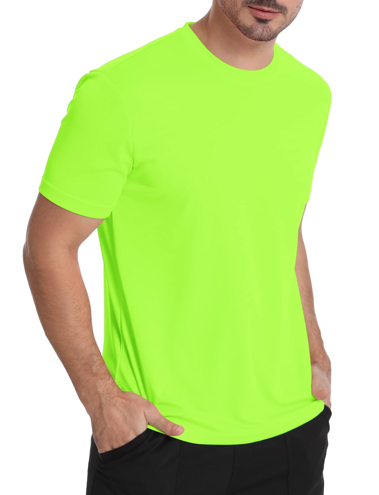 Mens Gym Shirts Dry Fit Short Sleeve Fitted Tshirts(Neon Green/Purple 2 Pack,M)