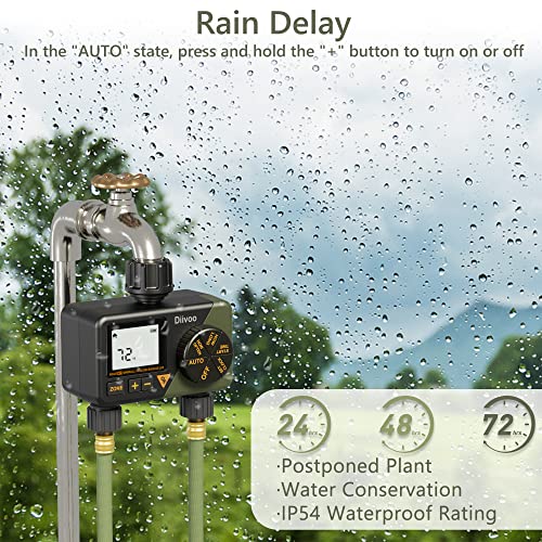 Sprinkler Timer 2 Zone, Diivoo Programmable Water Hose Timer 2 Outlet for Garden, Automatic Irrigation Timer IP54 with Rain Delay/Manual/Auto Mode, Outdoor Hose Timer Controller for Lawn, Yard, Pool