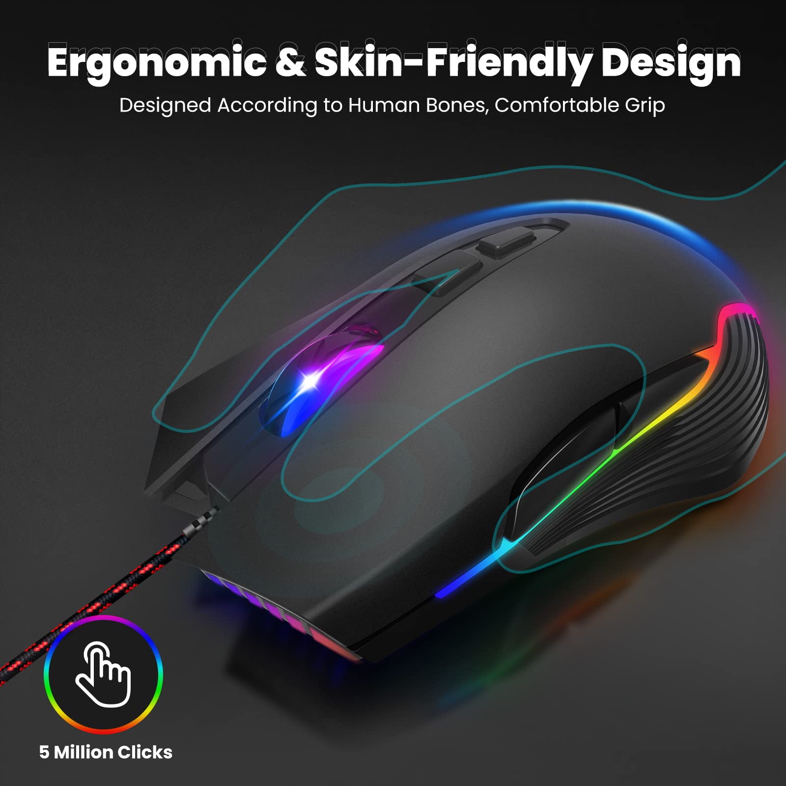 RIIKUNTEK Gaming Mouse Wired, Computer Mouse with 7 Programmable Buttons(One-key Fire/Desktop), 7200 DPI, 12 Backlits, Ergonomic Optical USB Game Mouse with Side Buttons for PC, Laptop Black