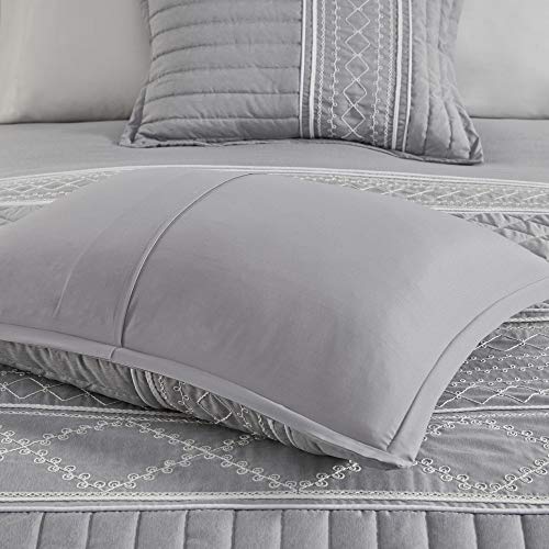 Madison Park Comforter Set, Embroidered Textured Heatherd Print All Season Down Alternative Cozy Bedding with Matching Shams, Decorative Pillow, King (104 in x 92 in), Kailee, Embroidery Grey 5 Piece