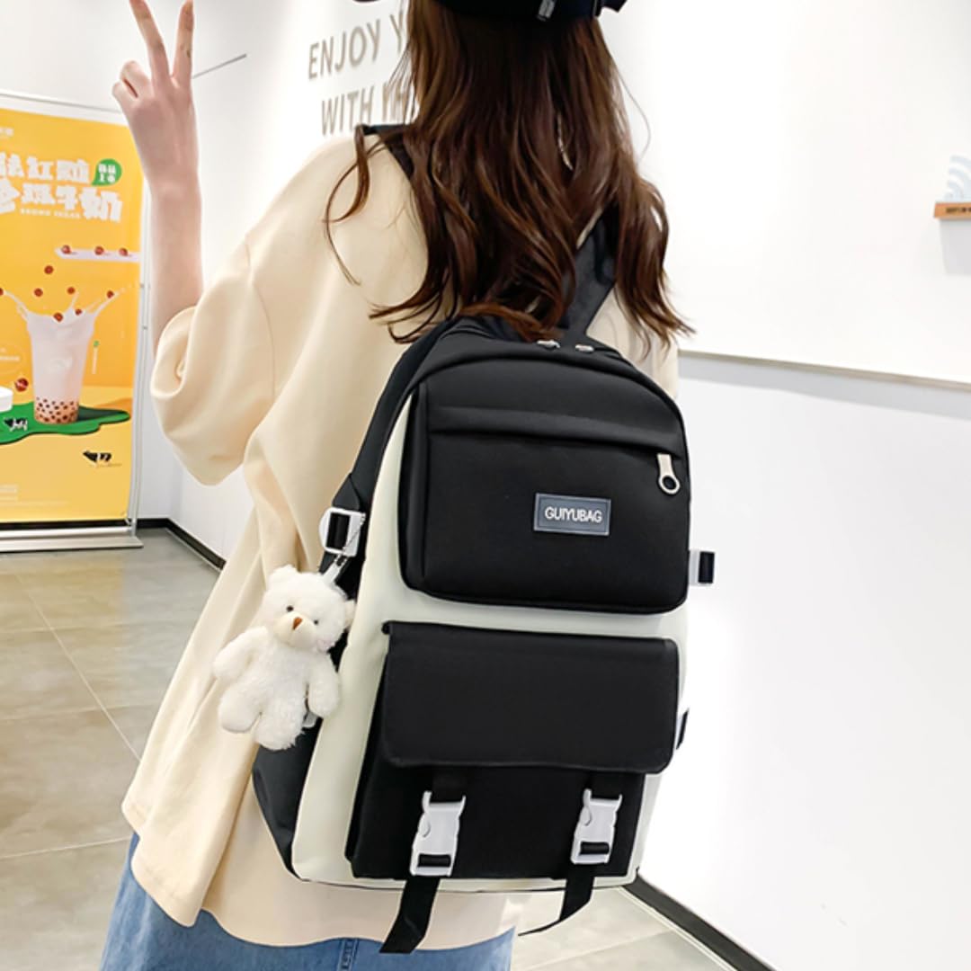 josfey 4Pcs Kawaii Backpack Cute Backpack Aesthetic Backpack Preppy Backpack SetKawaii School Supplies with Accessories (Black)…