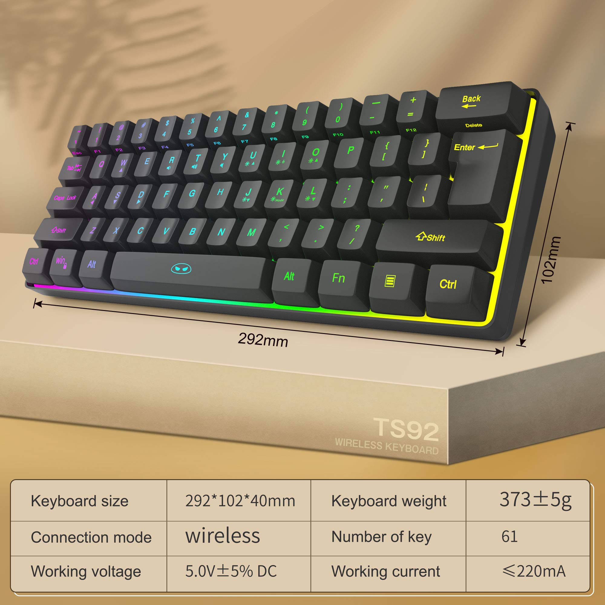 MageGee TS92 Wireless 60% Gaming Keyboard, Compact 61 Keys Rechargeable RGB Backlit Office Keyboard, 2.4G Wireless Connection, Waterproof Portable Computer Keyboard for Mac Windows Laptop (Black)