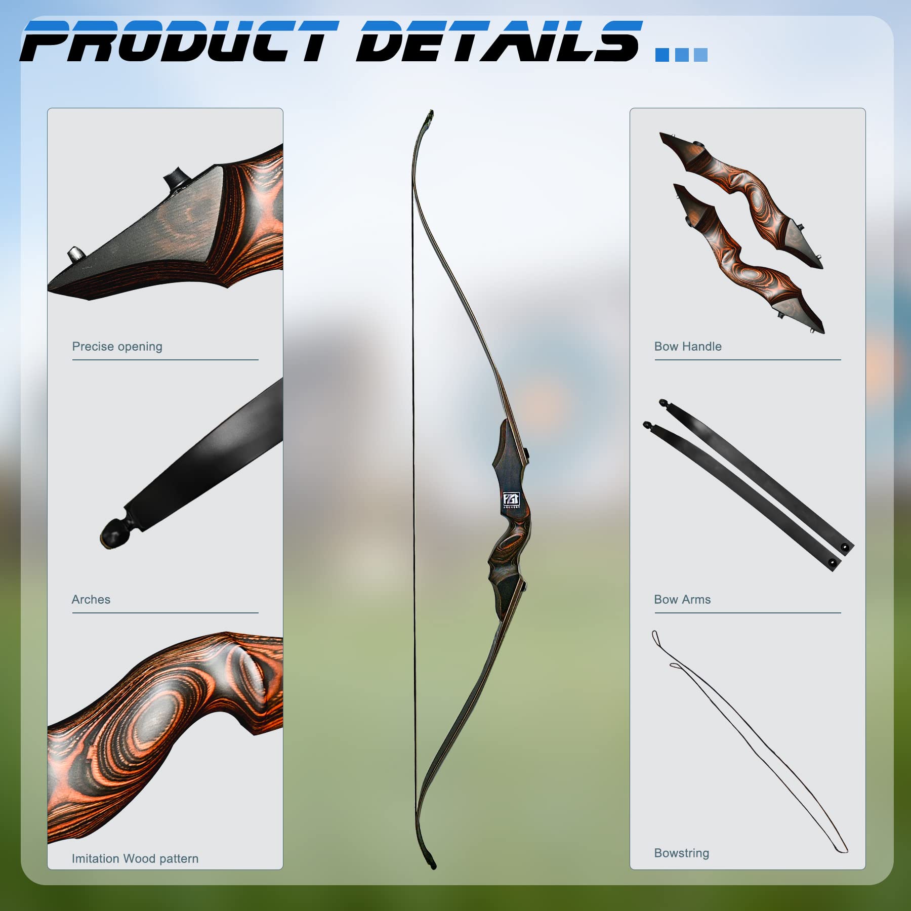 PG1ARCHERY 60'' Takedown Recurve Bow 30-60lbs Right Hand for Outdoor Targets Practice Hunting Longbow (50lbs)
