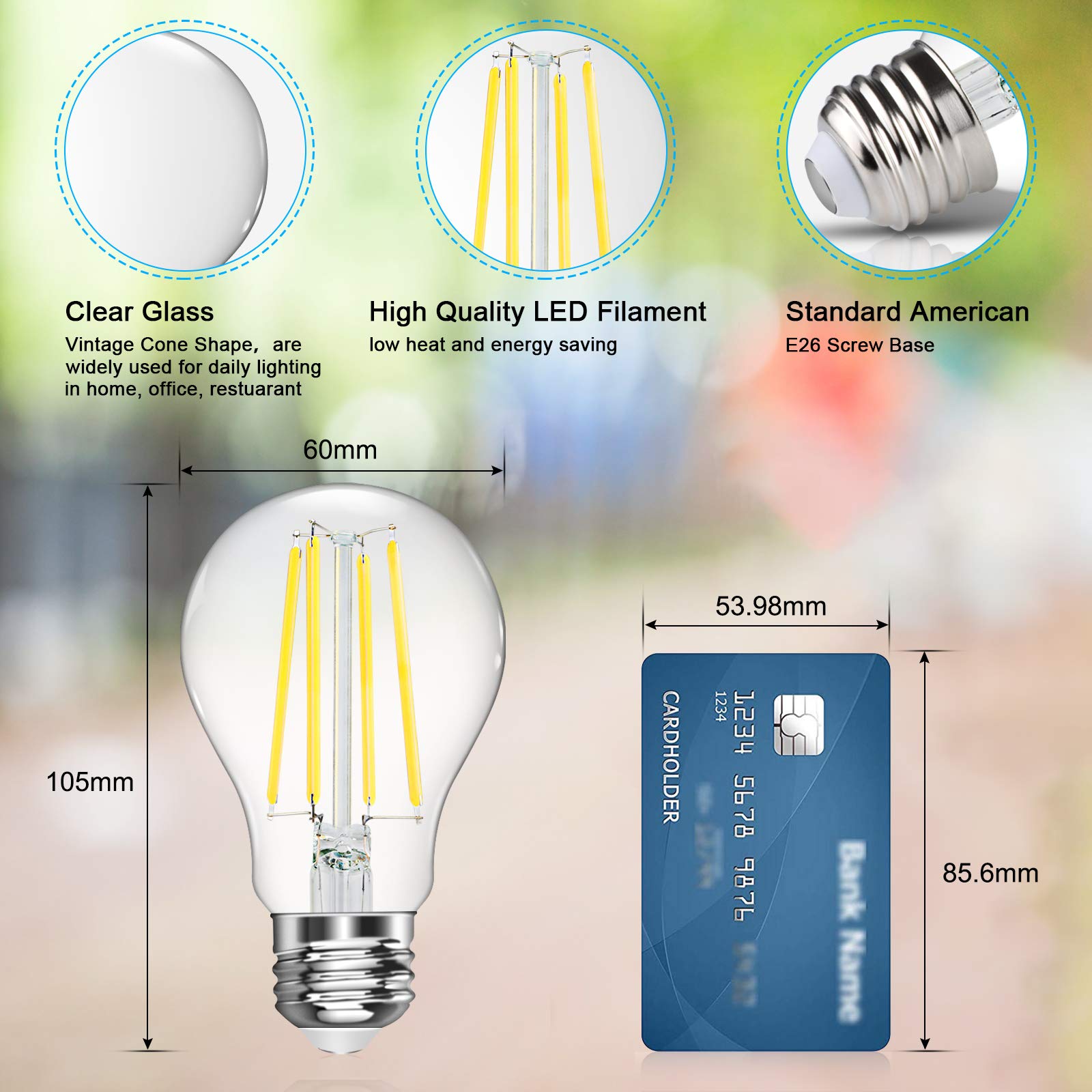 LANGREE A19 LED Light Filament Bulbs, 4000K Daylight White, Equivalent 60 Watt, E26 Medium Base Led Bulb, Non-Dimmable, High CRI 95+ Led Bulb, Clear Glass for Bathroom Kitchen Dining Room, Pack of 6