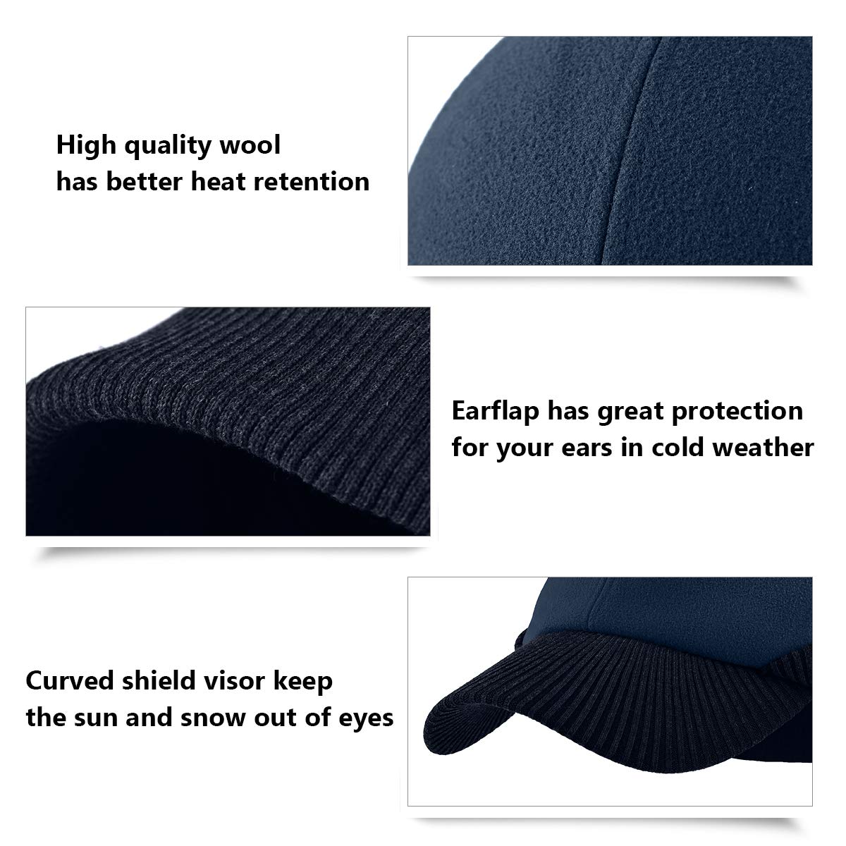 LCZTN Wool Winter Baseball Cap with Warmer Earflap for Men & Women Outdoor Ski Visor Beanie Hat (Navy Blue)
