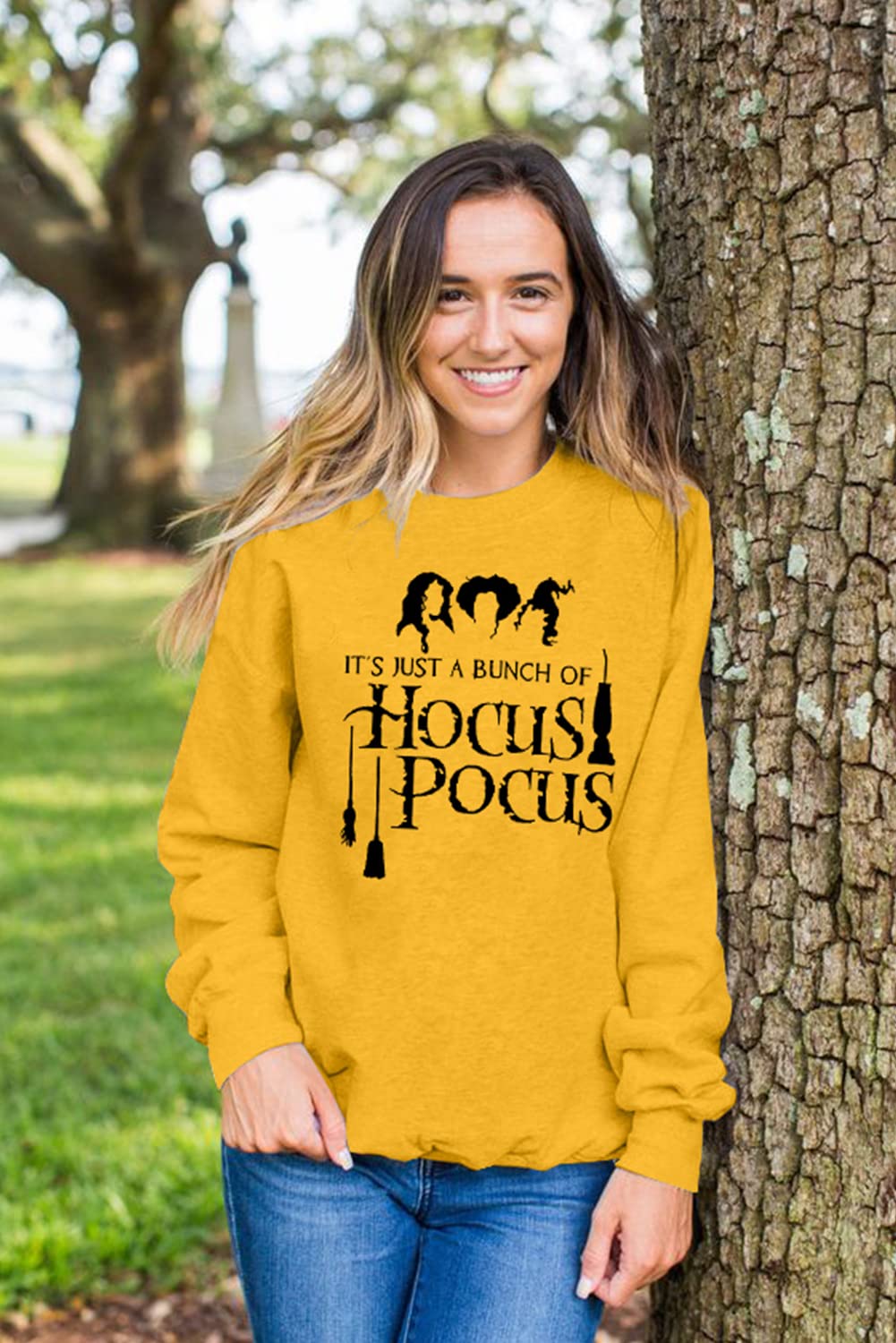 KIDDAD It's Just A Bunch of Hocus Pocus T-Shirt Women Halloween Sanderson Sisters Long Sleeve Crewneck Casual Pullover Tops Yellow