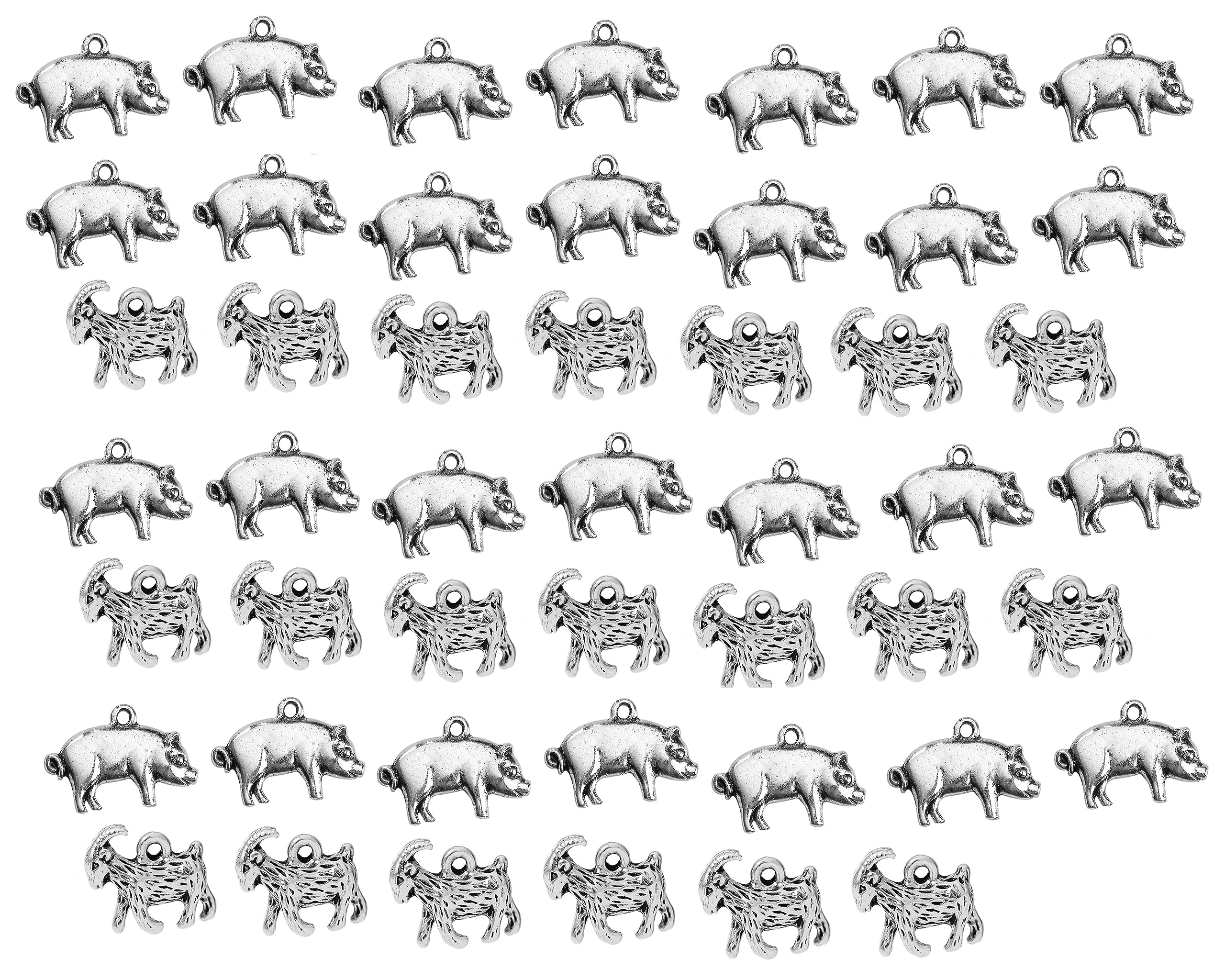 JGFinds Farming Charm Pendants 50 Pack, Silver Tone On the Farm (30 Pig and 20 Goat)