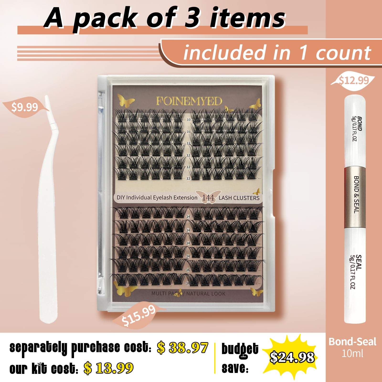 Lash Extension Kit 144 Pcs DIY Eyelash Extension Kit With Waterproof Lash Bond Glue And Seal And Lash Applicator DIY Wispy Lash Clusters C Curl 10-16mm Mix Volume Individual Lashes Extension Kit DIY at Home By FOINEMYED