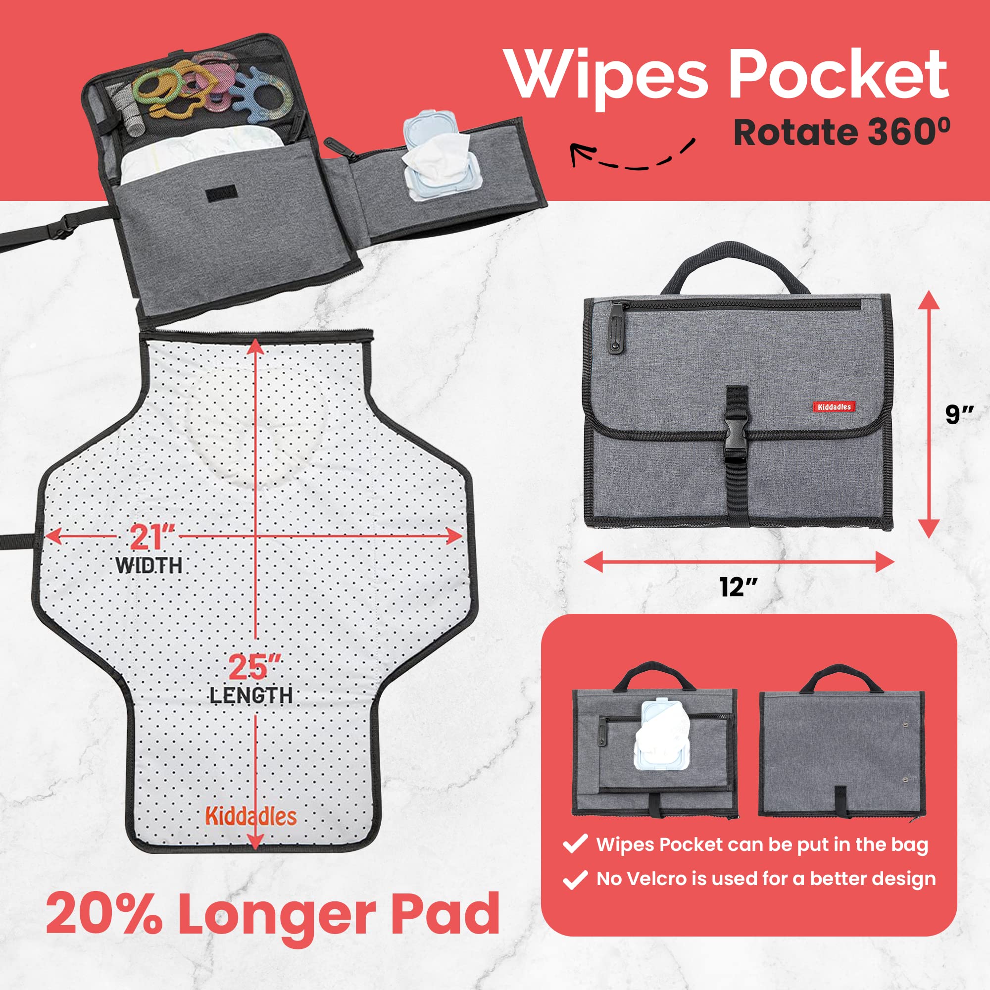 Kiddadles Portable Diaper Changing Pad, Portable Changing Pad for Infants with Soft Pillows, Wet Tissue Pocket & Carry Handle, Waterproof Baby Changing Pad, Newborn Essentials, Baby Shower Gifts