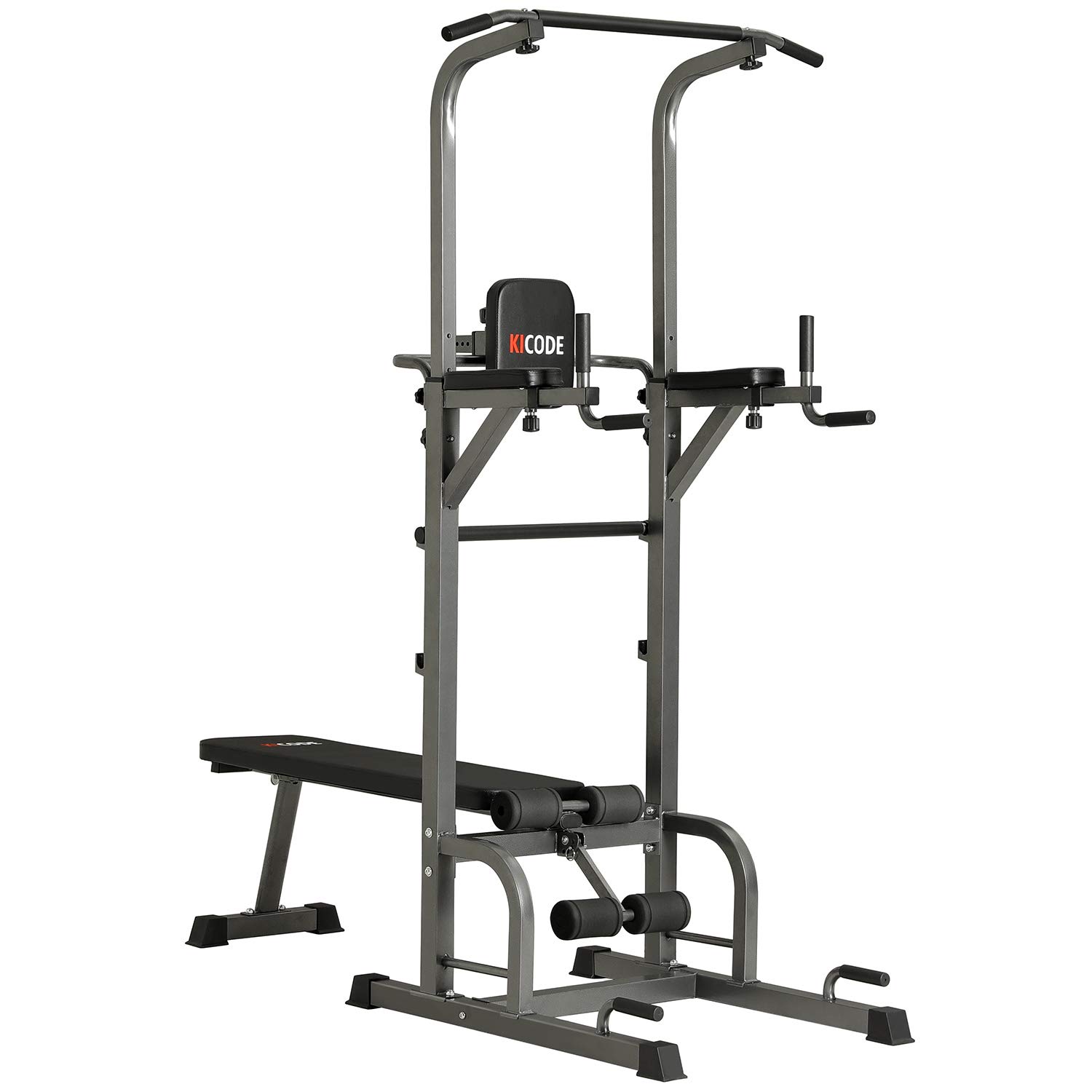 Kicode Power Tower with Bench, Pull Up Bar Dip Station, Height Adjustable Pull Up Tower for Home Gym Strength Training Exercise Workout Equipment, Support Up to 400LBS