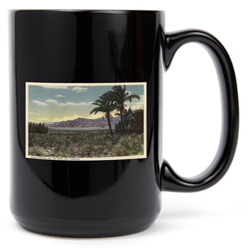 Lantern Press View of Dates Growing near the Salton Sea (15oz Black Ceramic Coffee and Tea Mug, Dishwasher and Microwave Safe)