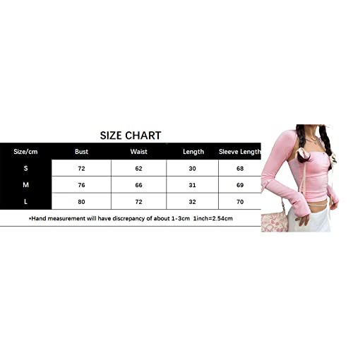 Women Y2k Square Neck T-Shirt Long Sleeve Lace Trim Crop Top Slim Fit Stretchy Blouse Top Aesthetic Clothes(Square 2pcs Pink,Medium)