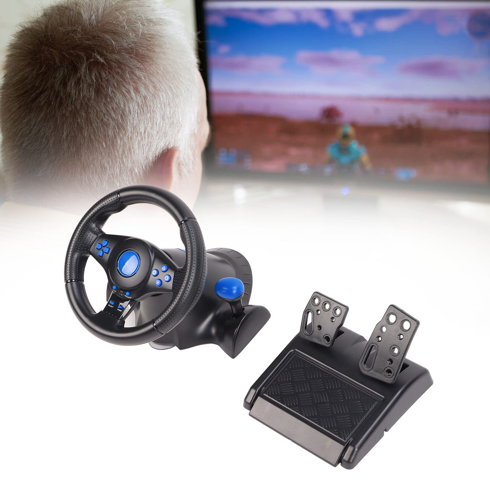 PC Steering Wheel, 180 Degree Rotation Programmable USB Racing Game Wheel, with Spring Pedal, for PS4, for PS3, for XBOX One, for XBOX 360, for Switch, PC
