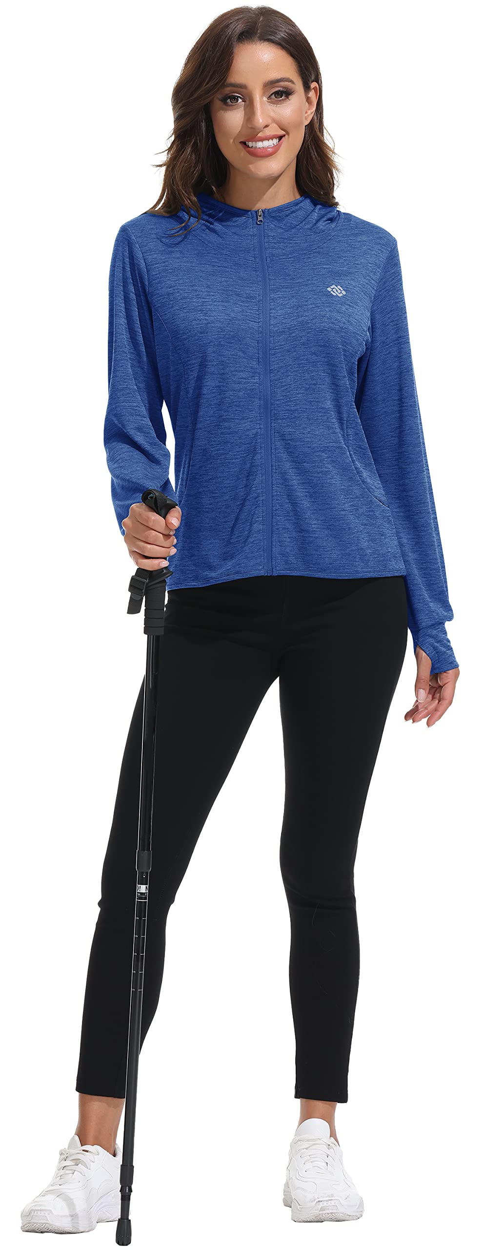 MoFiz Full Zip Long Sleeve Jackets for Training Ladies Quick Dry Sports Tops with Pockets Blue L