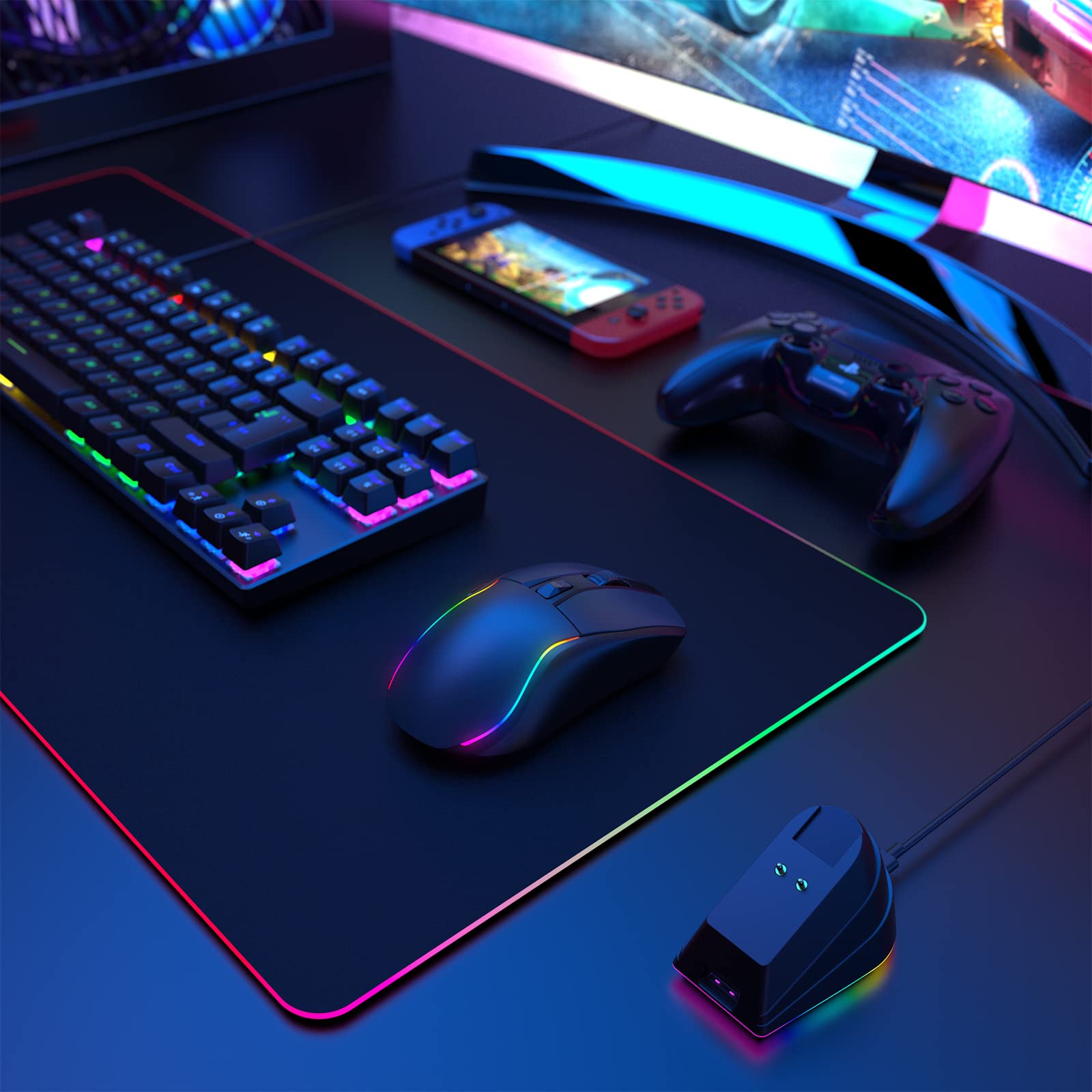 RisoPhy Wireless Gaming Mouse with RGB Magnetic Charging Dock, Lightweight Tri-Color Backlit, Buttons Fully Programmable, for PC, Mac