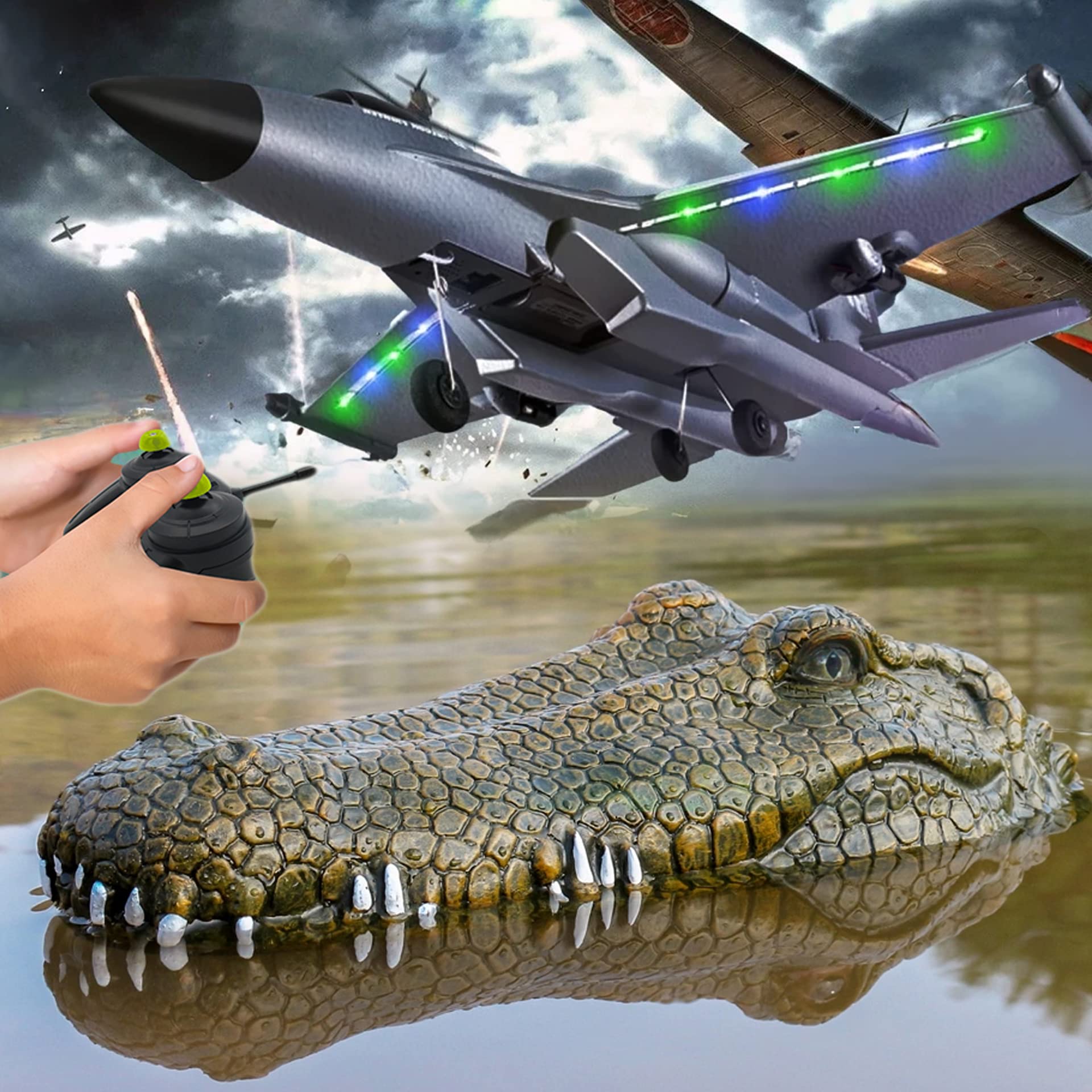 RC Jet Airplane and Remote Control Alligator Head Boat - 2 pcs Set for Kids and Adults
