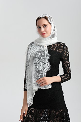 Leimandy Wedding Vintage Floral Lace Scarf Mantilla Veil Catholic Lace Shawl Party Wraps S04 (Ivory)