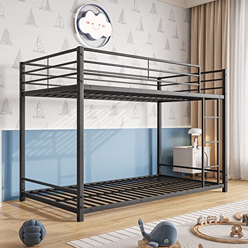 JURMERRY Metal Bunk Bed Twin Over Twin Beds with Sturdy Guard Rail & Ladder, Space-Saving Design No Box Spring Needed,Black