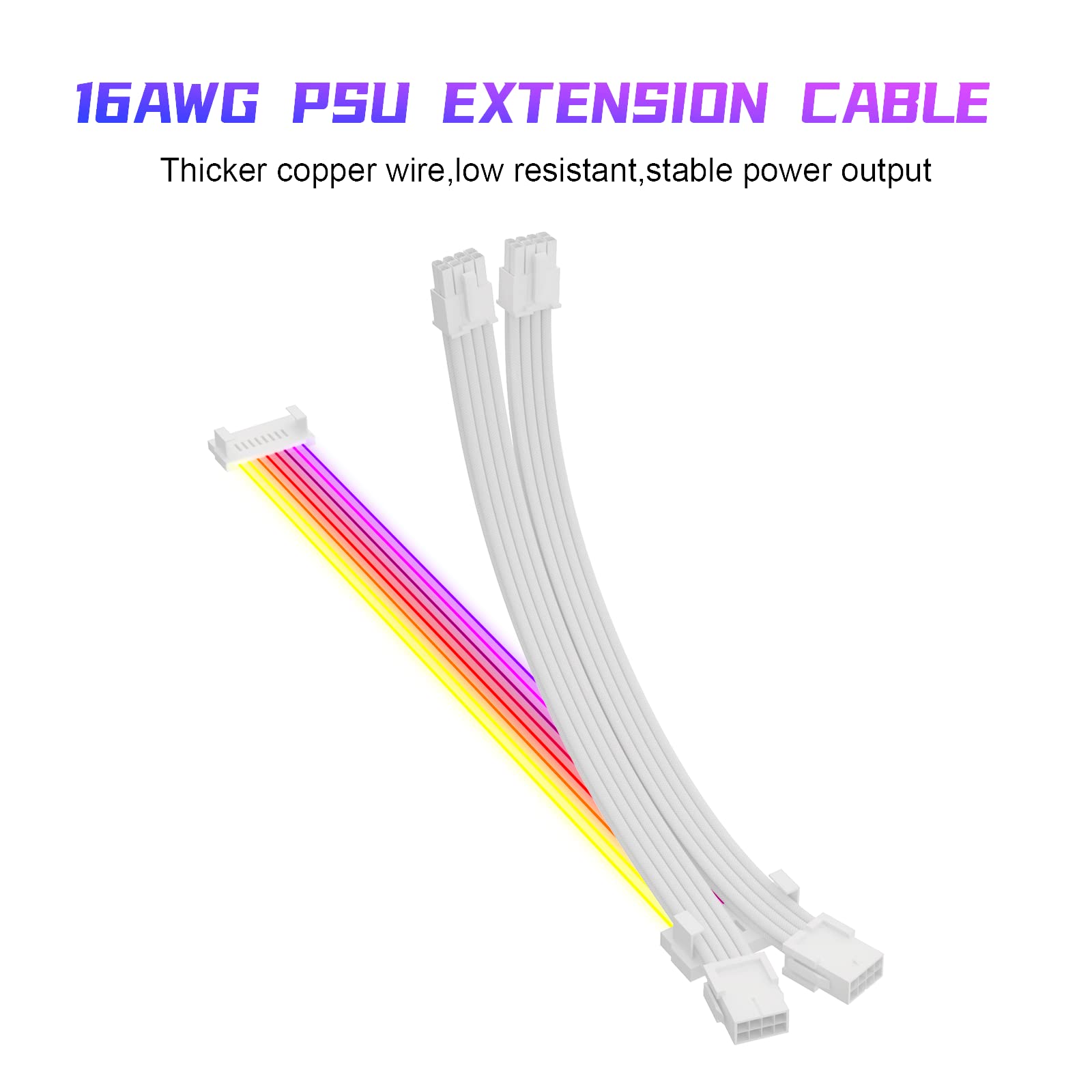 Sirlyr RGB PSU Cables,ARGB Motherboard Power Supply Cable,24 Pin Sleeved Cable Extension Kit,Strimer Extension Cable Kit 5V 3Pin Synchronized,Customed White PC Chassis (Transparent Connector)