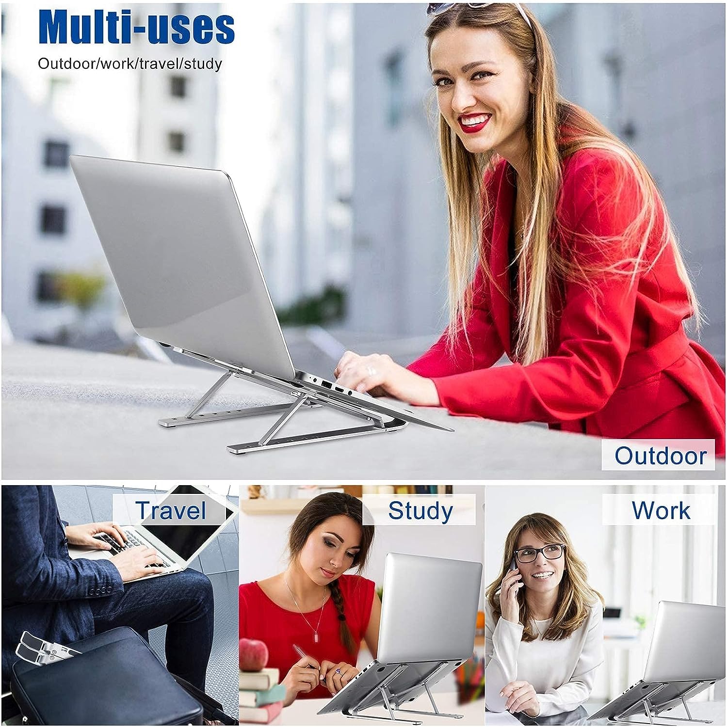 Laptop Stand Adjustable Computer Stand Aluminum Riser Holder Compatible with MacBook Air Pro, HP, Dell, More 10-15.6” Laptops Collapsible and Non-Slip Metal