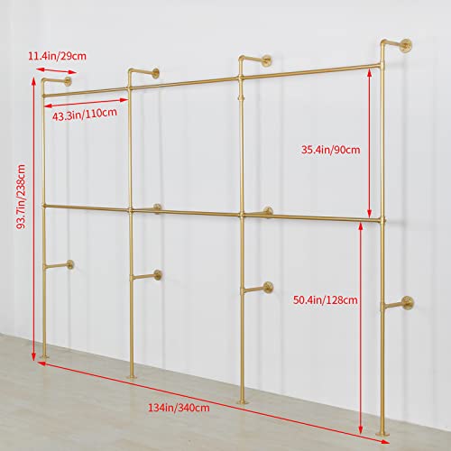 ZGZR Wall Mounted Industrial Pipe Clothing Garment Racks, Metal Clothing Store Display Stands Clothes Rack Multi-purpose Heavy Duty Hanging Rod for Closet Storage, 134in Gold