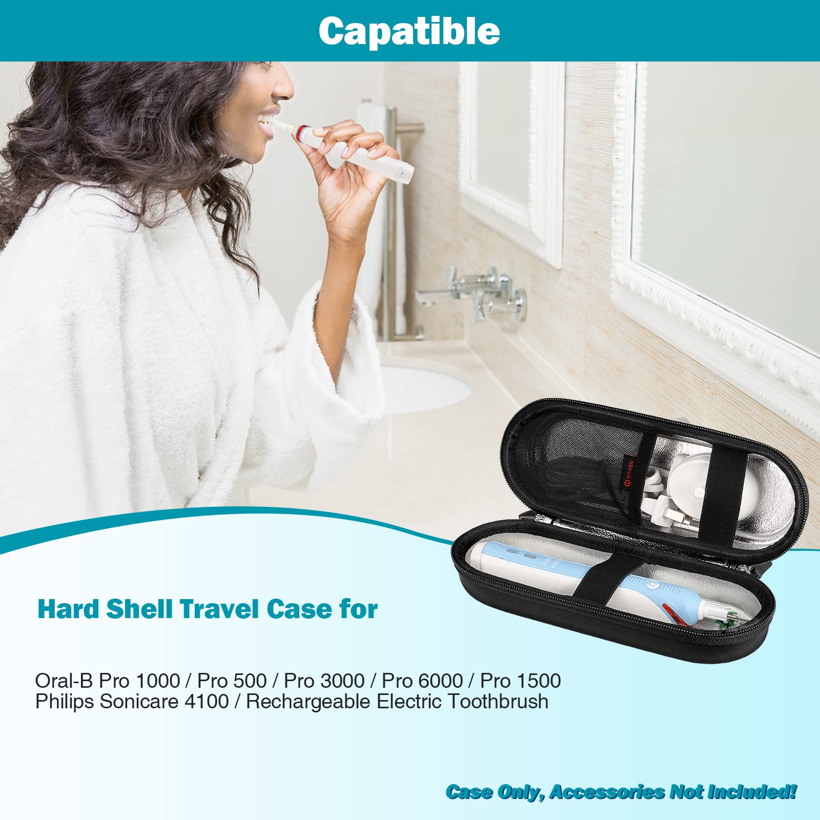 SITHON Hard Shell Travel Case for Oral-B/Oral-B Pro Smartseries/Philips Sonicare Protective Clean Electric Toothbrush, Protective Shockproof Storage Carrying Case with Carabiner and Handle, Black