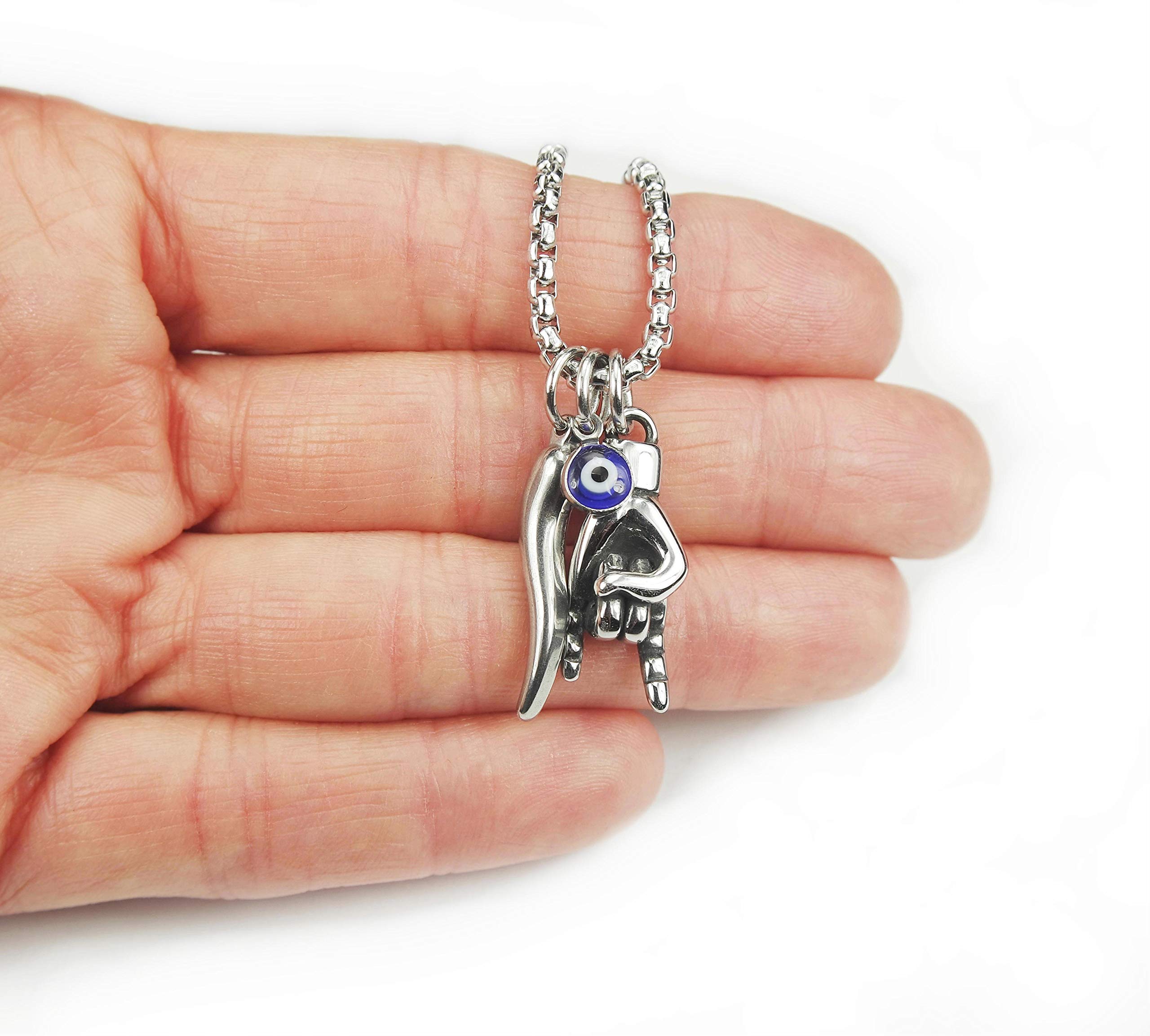 Mano Cornuto, Cornicello, and Nazar combo Necklace, on 24" Box Chain, Italian Lucky Hand Horn Anti Evil Eye Good Luck Amulet Protection Charms All Stainless