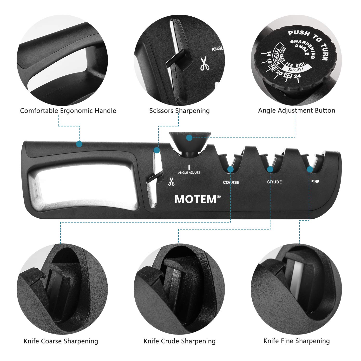 Knife Sharpener MOTEM 4 In 1 Kitchen Knife Sharpener and Scissor Sharpener: Helps Repair, Restore and Polish Quickly with Adjustable Angle Button for Various Knives