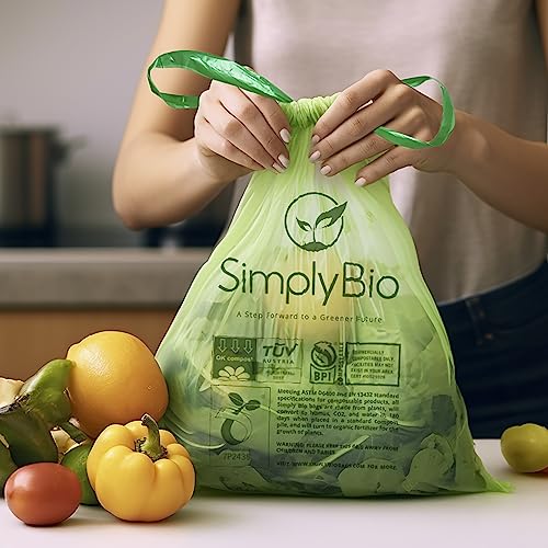 Simply Bio 3 Gallon Compostable Trash Bag with Drawstring, Heavy Duty Extra Thick 1 Mil, 50 Count, 11.36 Liter, Small Kitchen Food Scrap Trash Bags, ASTM D6400, US BPI and Europe OK Compost Certified