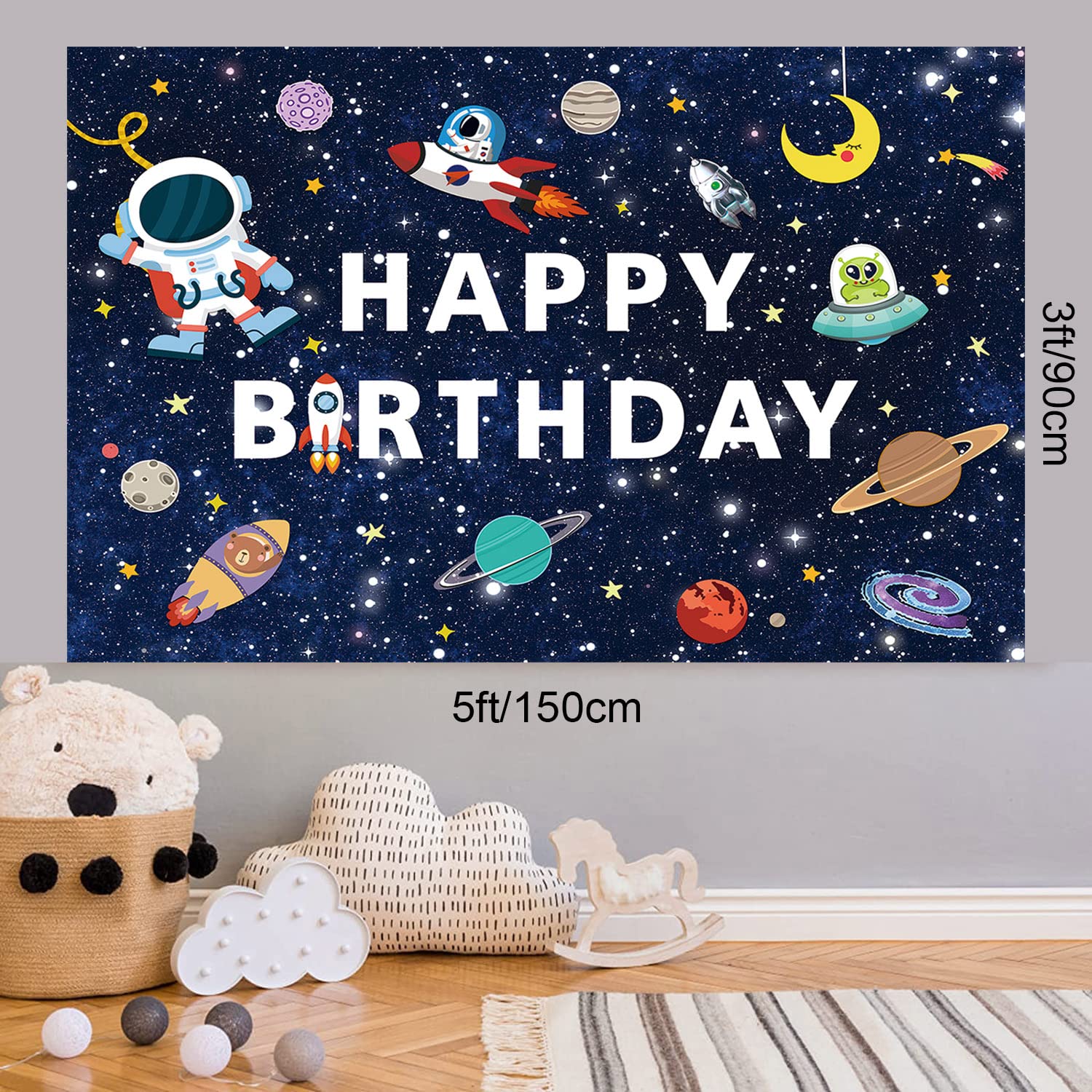 Outer Space Birthday Party Galaxy Solar System Backdrop Tablecloth Kit Rocket Astronaut Sun Planet Theme Tablecloth Boy Kids Party Decoration Supplies 5x3FT