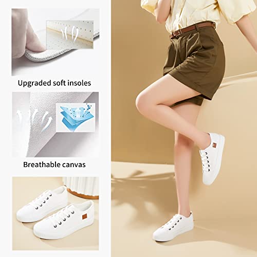 Women's Sneakers Canvas Shoes for Women Lace up Fashion Canvas Sneakers Classic Low Top Casual Shoes（White.US6）