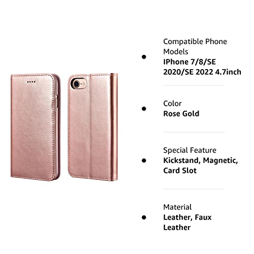iPhone 7/8 Wallet Case, ICARERCASE iPhone SE Case 2020 Premium PU Leather Folio Flip Cover with kickstand and Credit Slots for Apple iPhone 7,iPhone 8, iPhone SE 2nd, iPhone SE 3rd 4.7 Inch(Rose Gold)