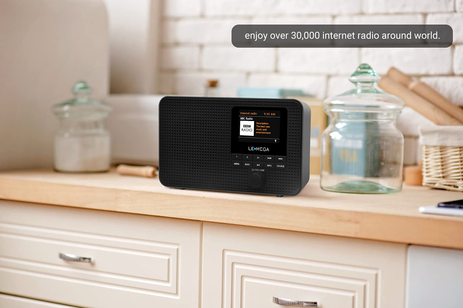 LEMEGA IR1 Portable WiFi Internet Radio,FM Digital Radio,Bluetooth Speaker,Dual Alarms Clock,Sleep Snooze Timer,40 Presets, Headphone-Output,Colour Display,Batteries or Mains Powered β Black Finish