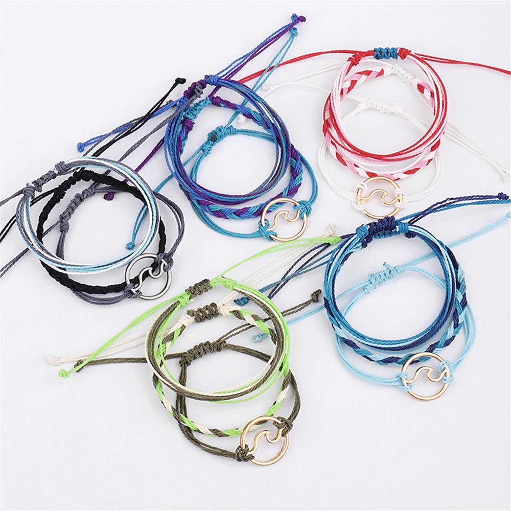 kelistom Handmade Wave Braided Wax Rope Adjustable Strand Bracelet Set Waterproof Charm Stretch Knot String Thread Bracelets Simple Life PursuitFriendship Jewelry (Pink-wave)