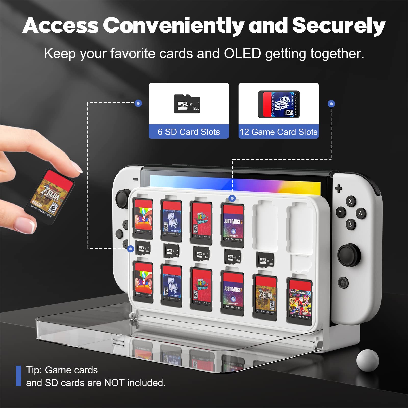 MoKo 12 Game Card Case Compatible with Nintendo Switch OLED Base, Clear Switch Game Holder with 12 Switch Game Card & 6 SD Card, Game Card Display Cabinet Box for Switch OLED Charging Dock (Only)